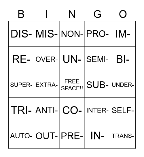 PREFIX BINGO Card