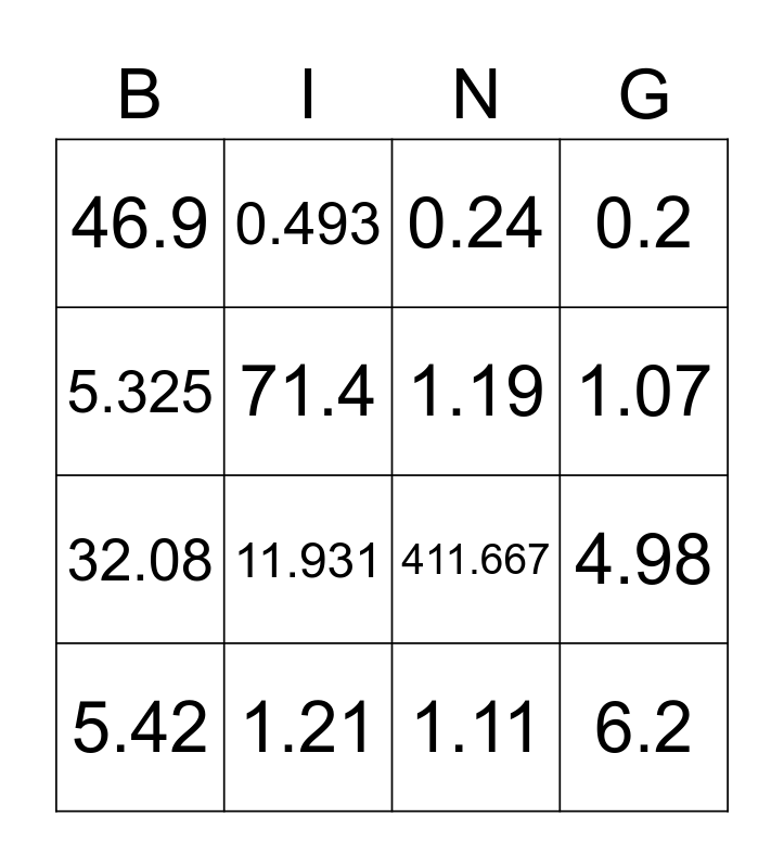 Decimal Division BINGO Card