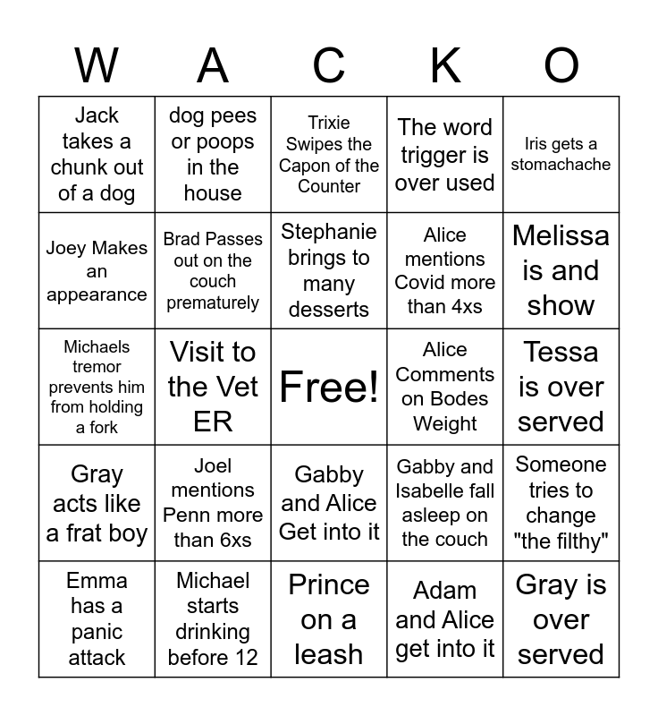 WACKO Bingo Card