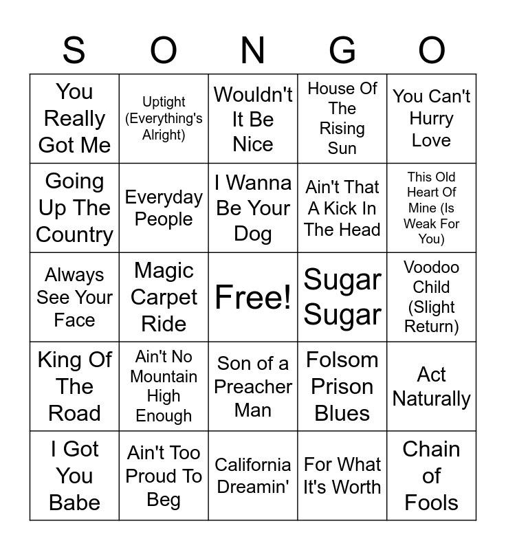 Through the Decades - '60s Bingo Card
