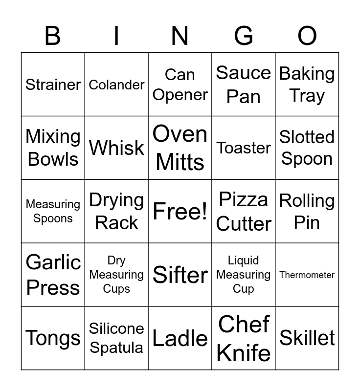 Kitchen Tools Bingo Card
