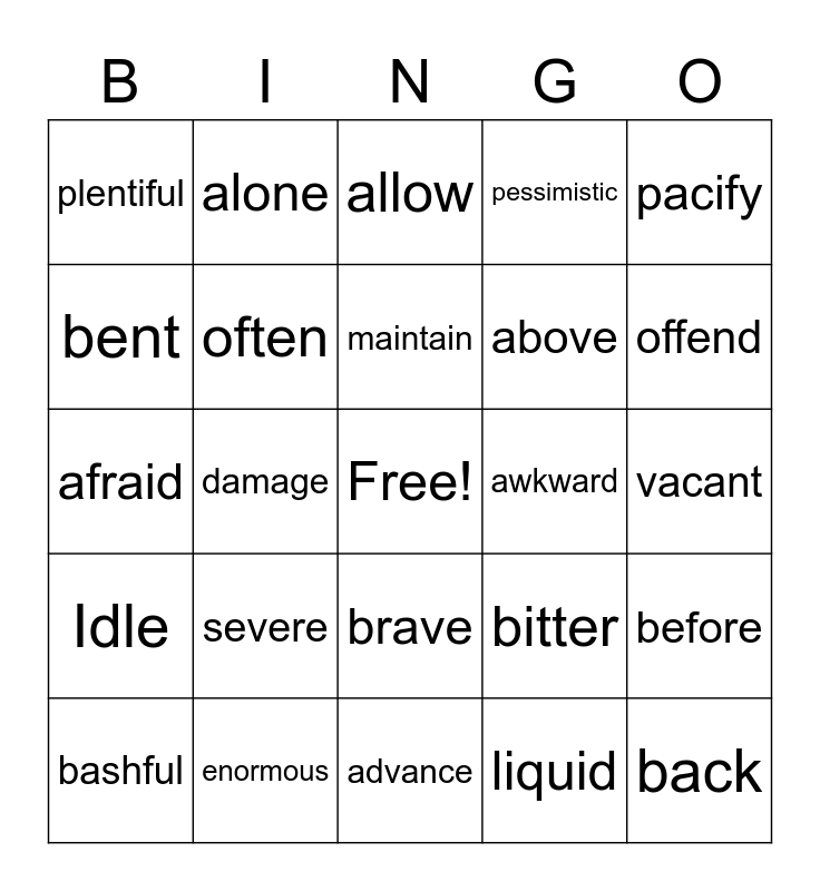Antonym Bingo Card