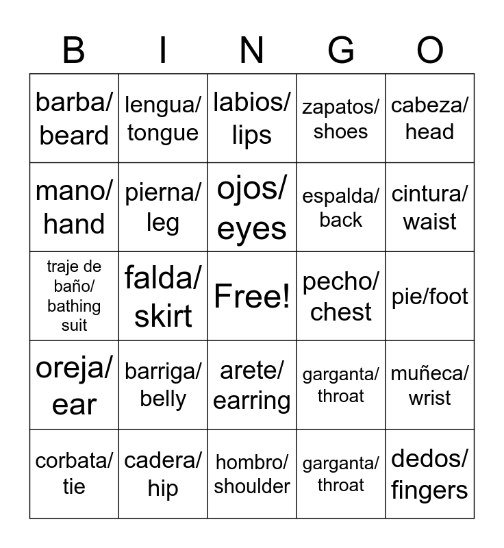 La ropa y las partes del cuerpo Bingo Card