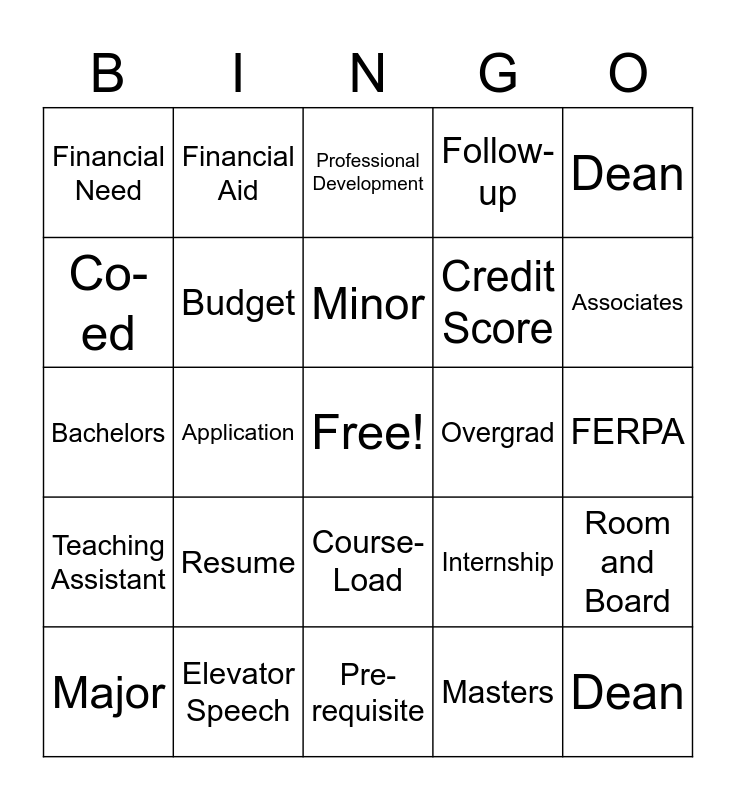 College and Career Bingo Card