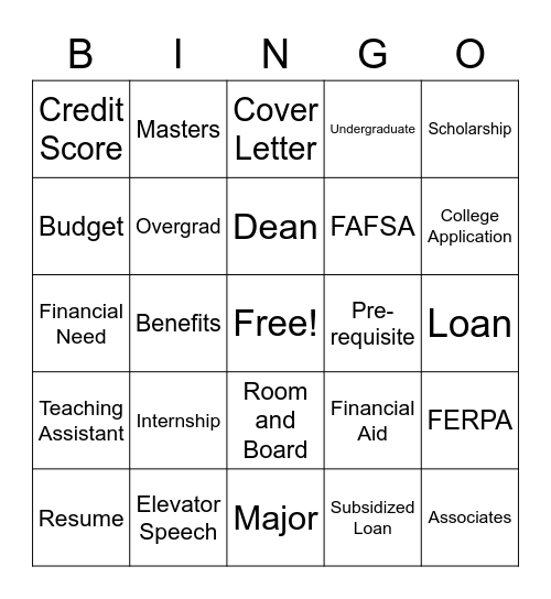 College and Career Bingo Card