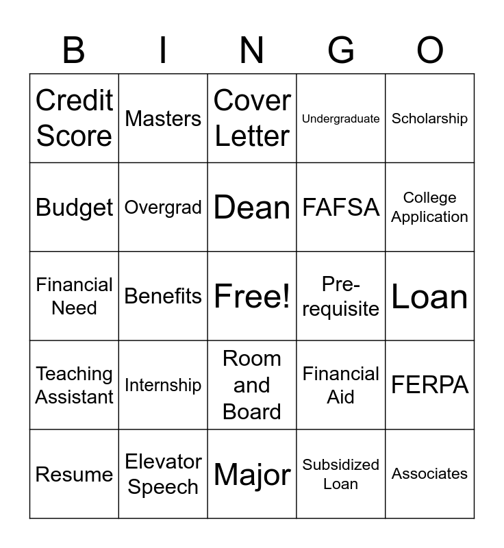 College and Career Bingo Card