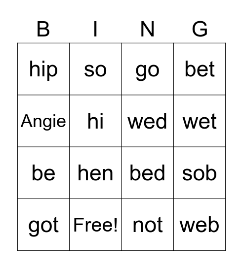 Open Closed Syllable Bingo Card