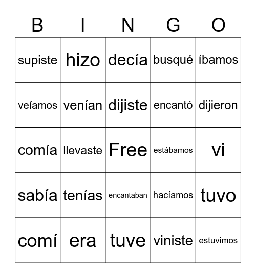 Preterite and Imperfect Tense Bingo Card
