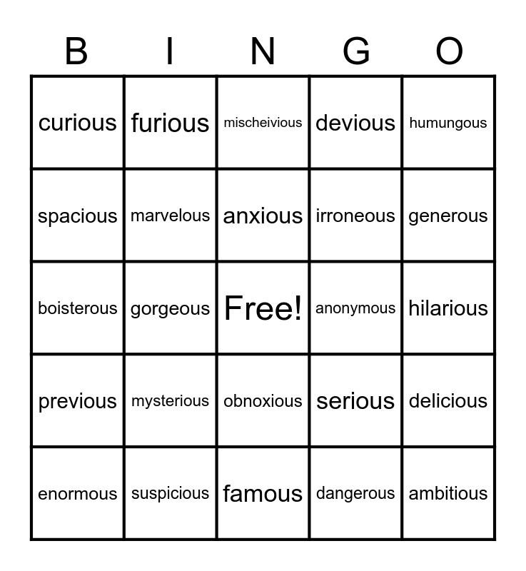 -OUS Words Bingo Card