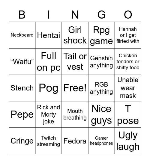 incels Inc Bingo Card