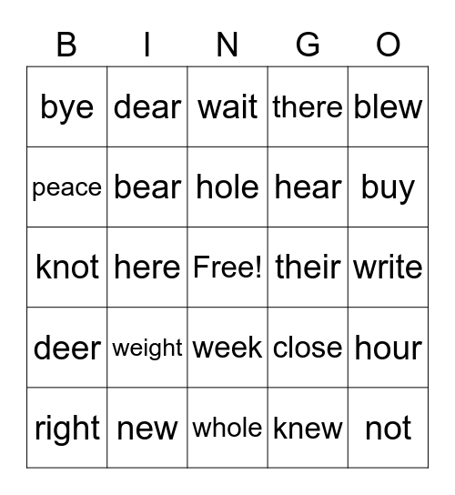 homophones Bingo Card