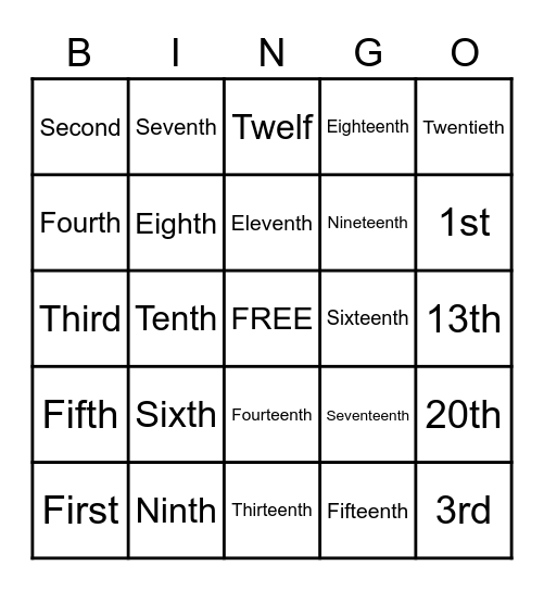 Ordinal Numbers Bingo Card