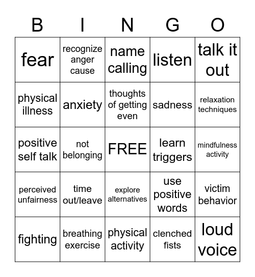 Anger management Bingo Card