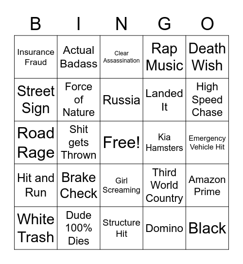 Car Crash Bingo Card