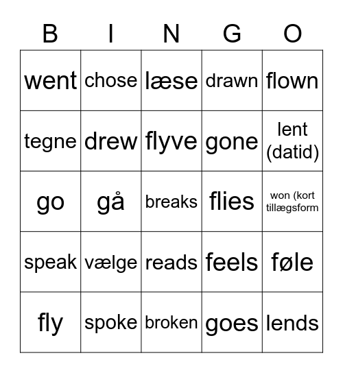 Irregular verbs Bingo Card
