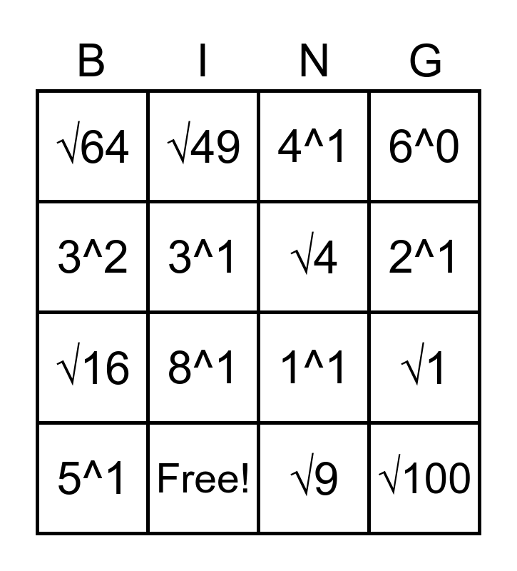 Exponents & Square Roots Bingo Card