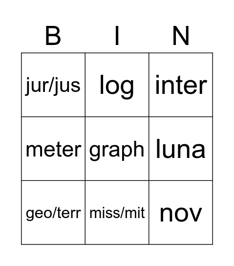 Root words Bingo Card