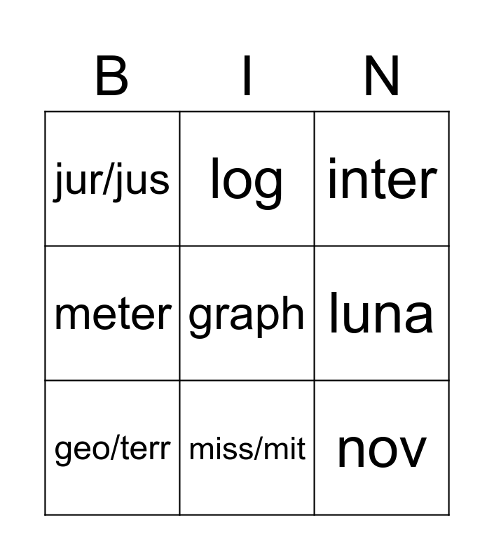 Root words Bingo Card