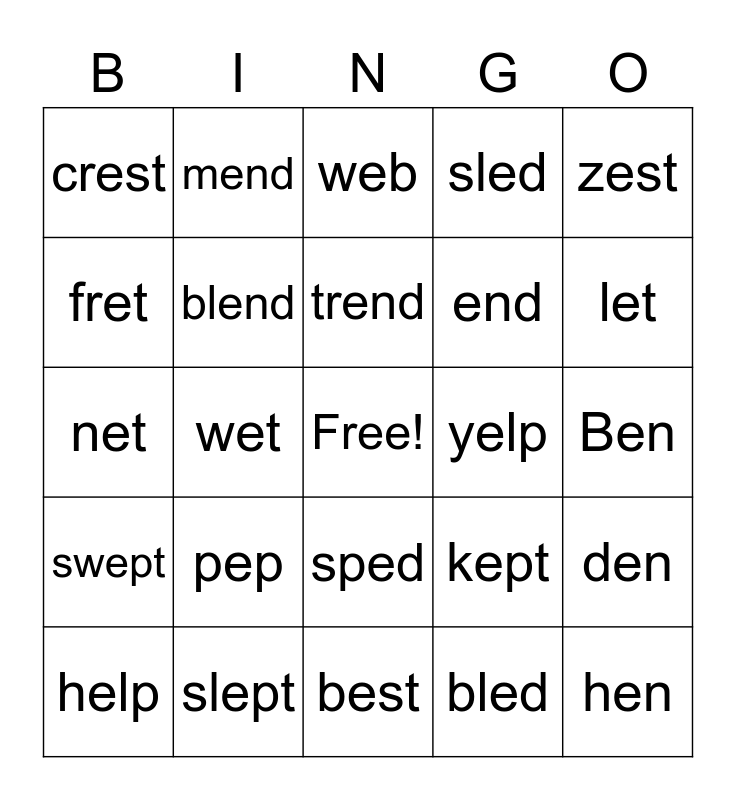 Short e Bingo Card