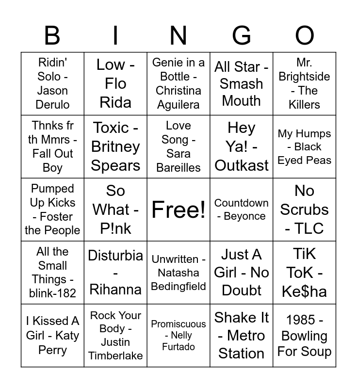 2000s Bingo Card