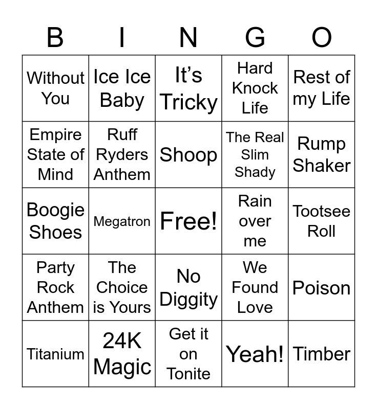 Hip Hop Bingo Card