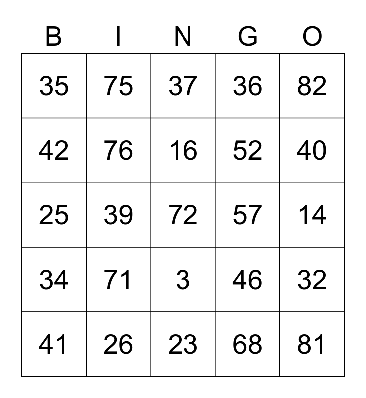 Number BINGO 1-90 Bingo Card