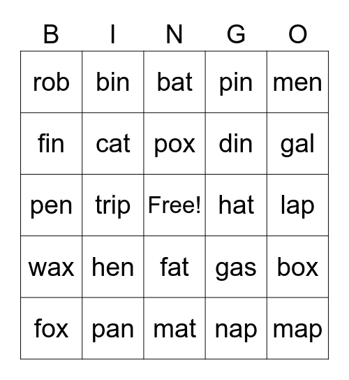 CVC Words Bingo Card