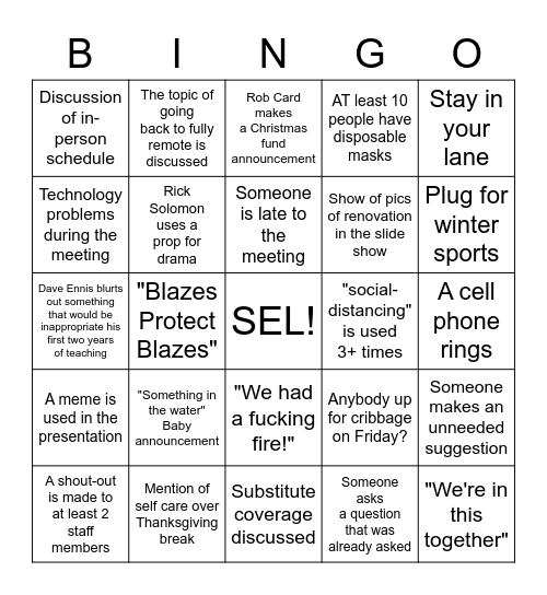 Staff Meeting Bingo Card