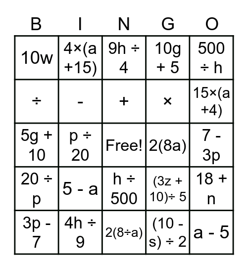 Algebraic Expressions Bingo Card