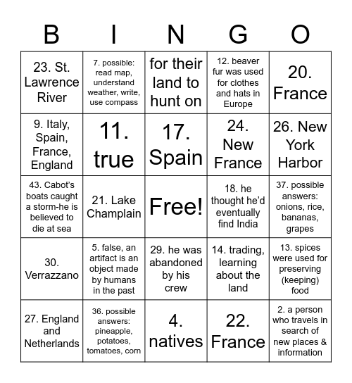 Age of Exploration Bingo Card