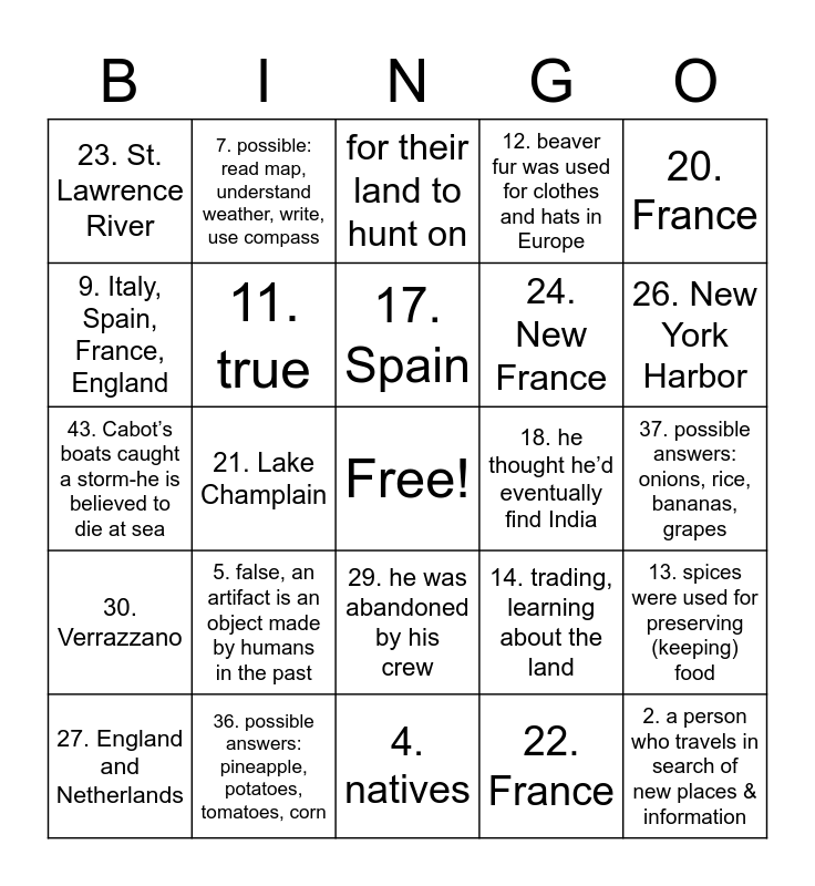 Age of Exploration Bingo Card