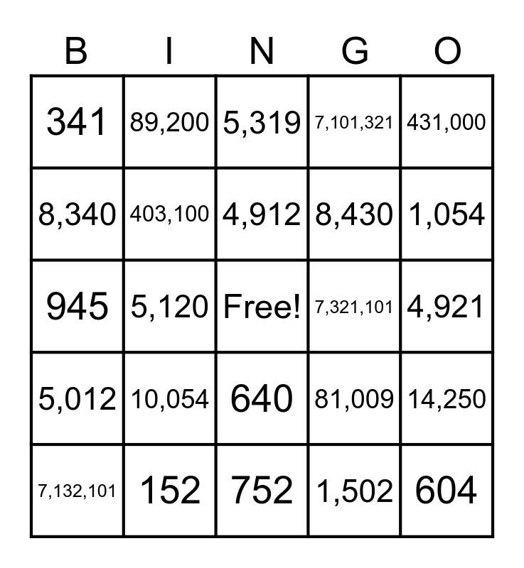 Word Form to Standard Form Bingo! Bingo Card