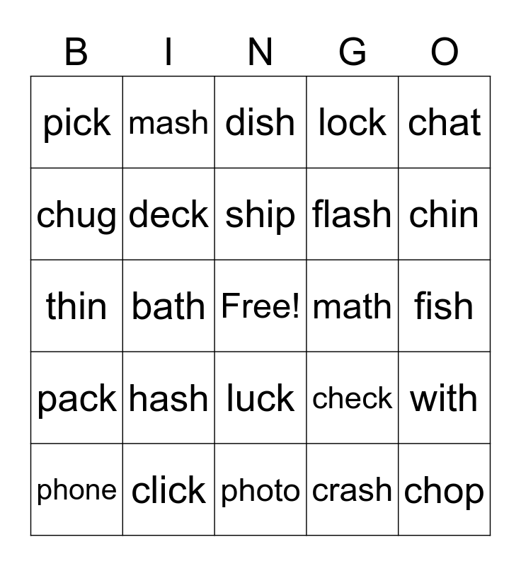 Digraph Bingo Card