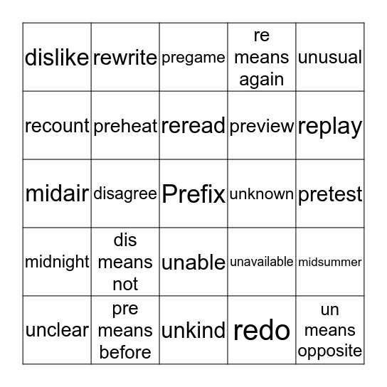Prefix Bingo Card