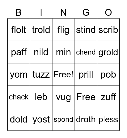 Nonsense Word Bing Bingo Card