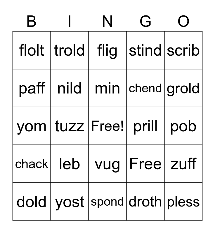 Nonsense Word Bing Bingo Card