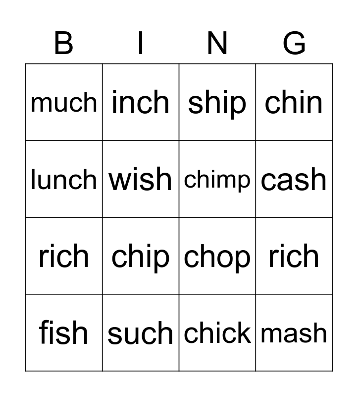 ch sh words Bingo Card