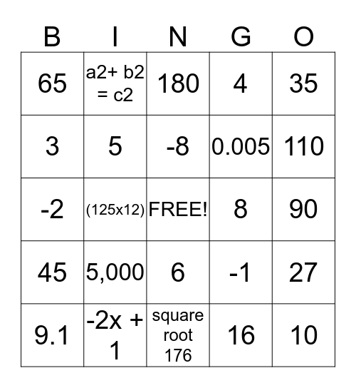 Math Bingo Card