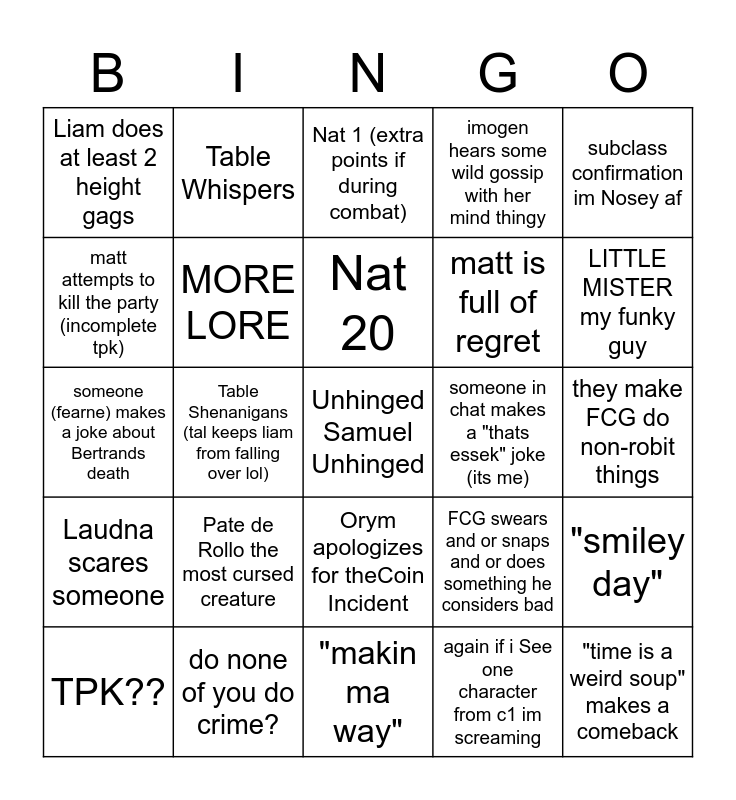 c3e5: the Bellends Bingo Card