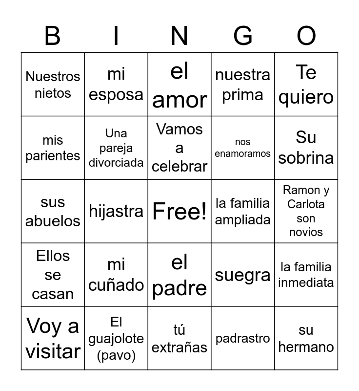 La Familia Bingo Card