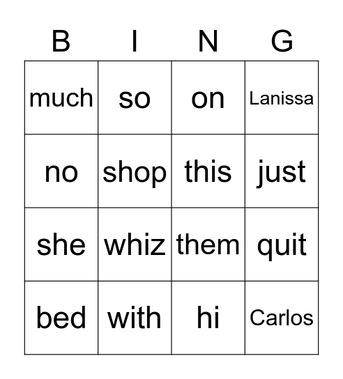 Open / Closed Syllable Bingo Card