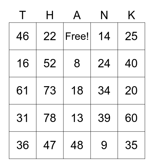 THANKS Bingo Card