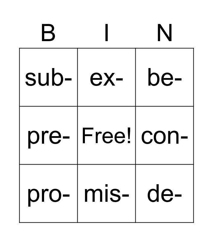 Prefixes Morpheme Review Bingo Card