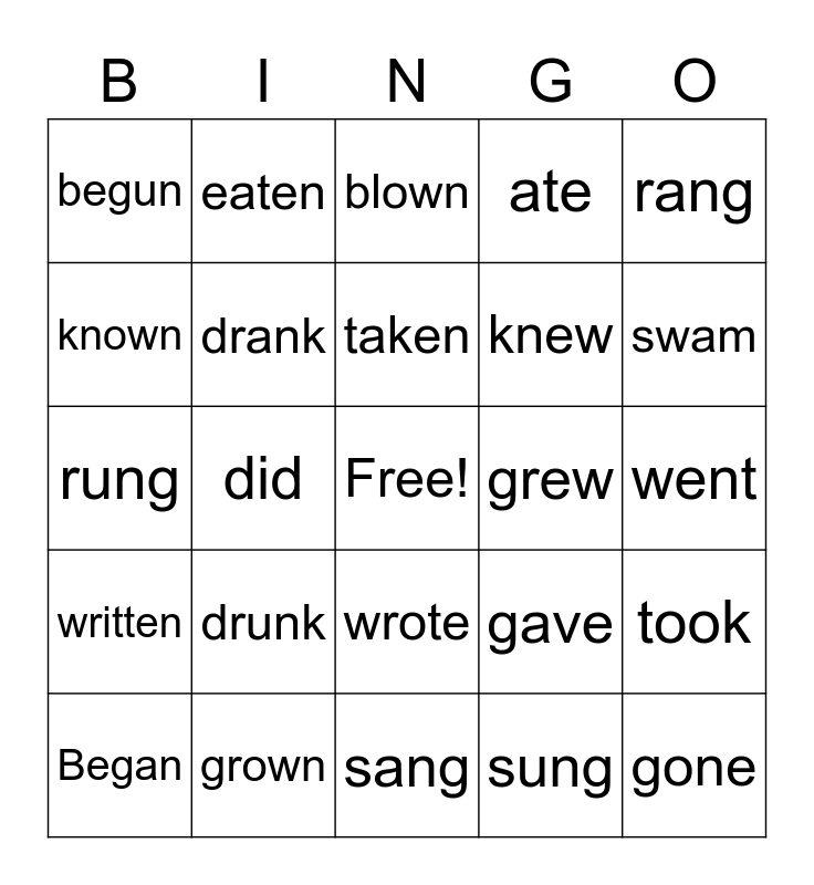 IRREGULAR VERBS Bingo Card