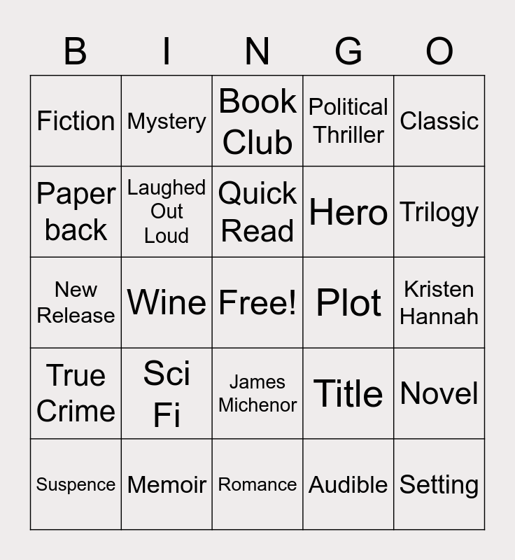Book Club Bingo Card