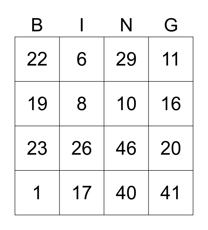 Angka 1-50 Bingo Card