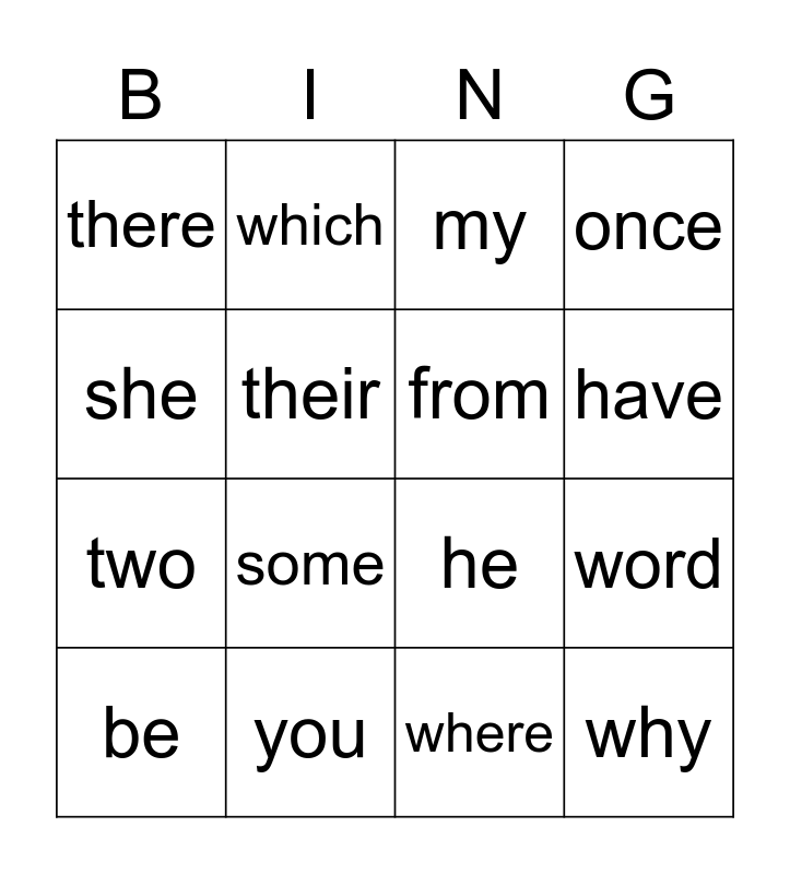 Tricky Word Bingo Card