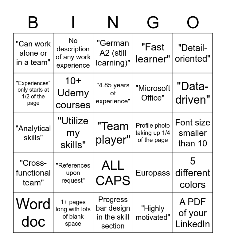 Generic CV Bingo Card