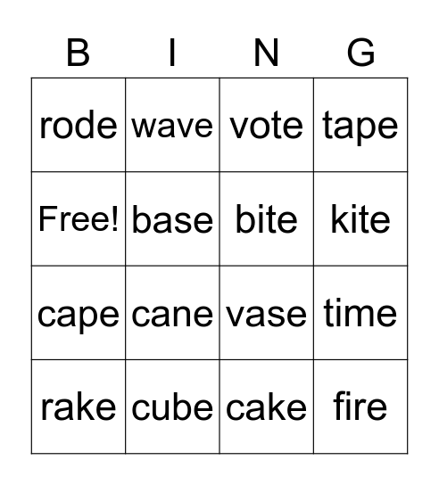 CVCe Bingo Card