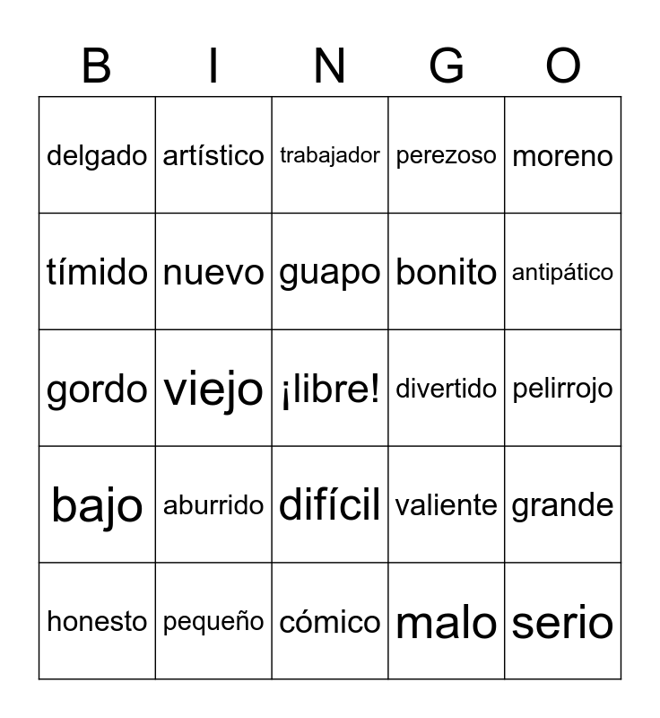 Spanish Adjectives Bingo Card